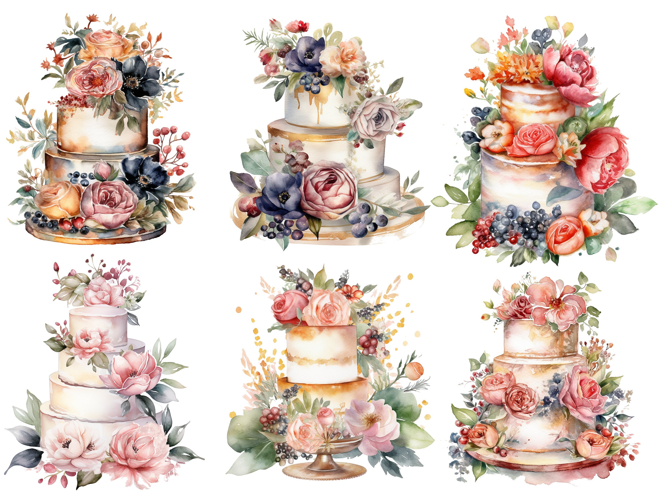 Wedding Cakes Bundle Watercolor Clipart 300 DPI Jpg and Png Files Solid ...