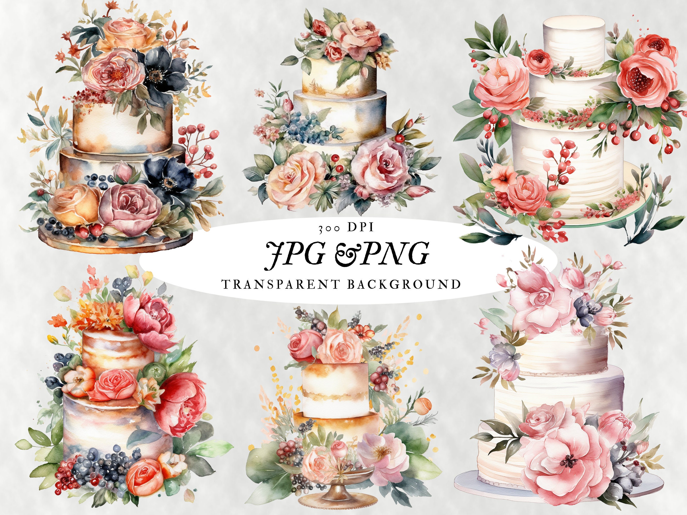Wedding Cakes Bundle Watercolor Clipart 300 DPI Jpg and Png Files Solid ...