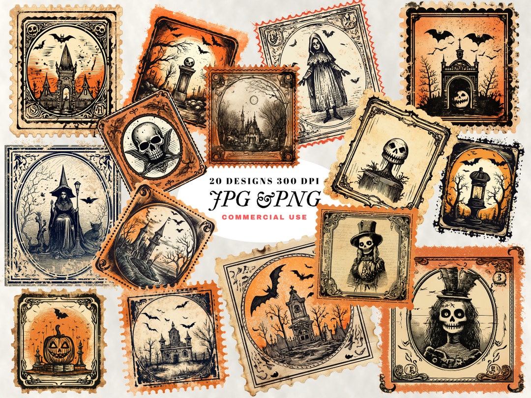 Vintage Halloween Stamp Collection Halloween Bundle Clip Art PNG and ...
