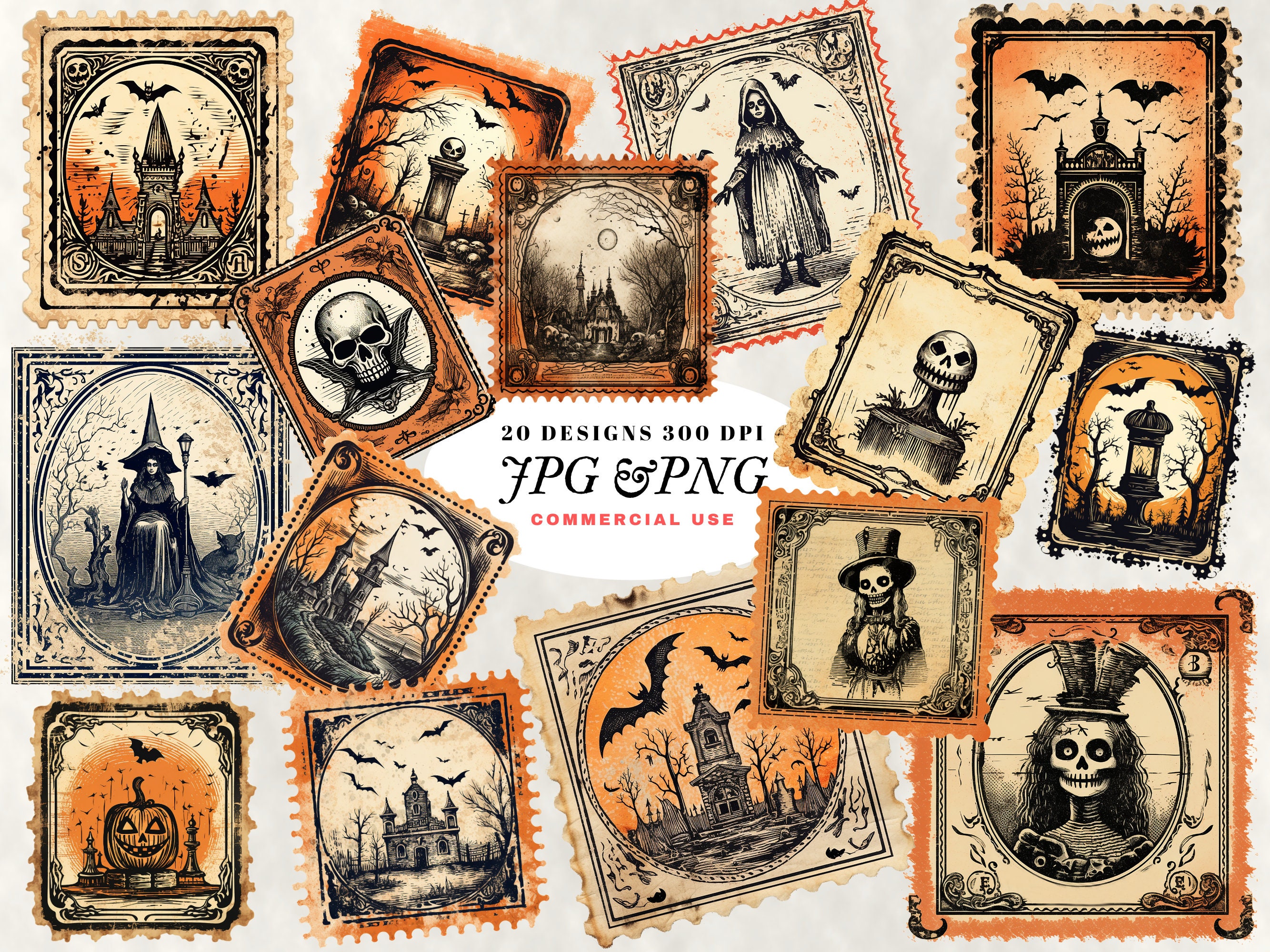 Vintage Halloween Stamp Collection Halloween Bundle Clip Art PNG and ...