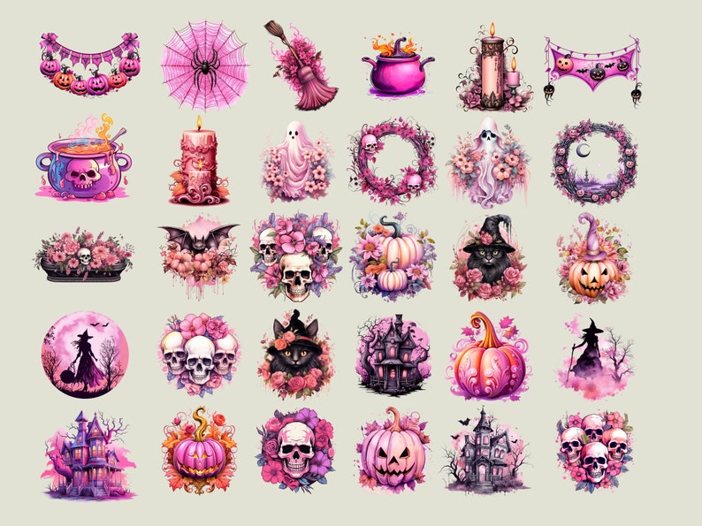 Pink Halloween Bundle Halloween Clip Art Png and Jpg 300 Dpi Solid ...