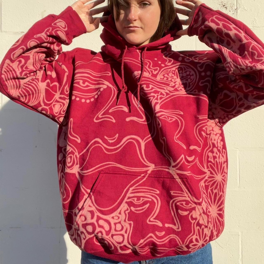Abstract Faces, Floral Pattern, and Geometric Style Hoodie in Burgandy ...