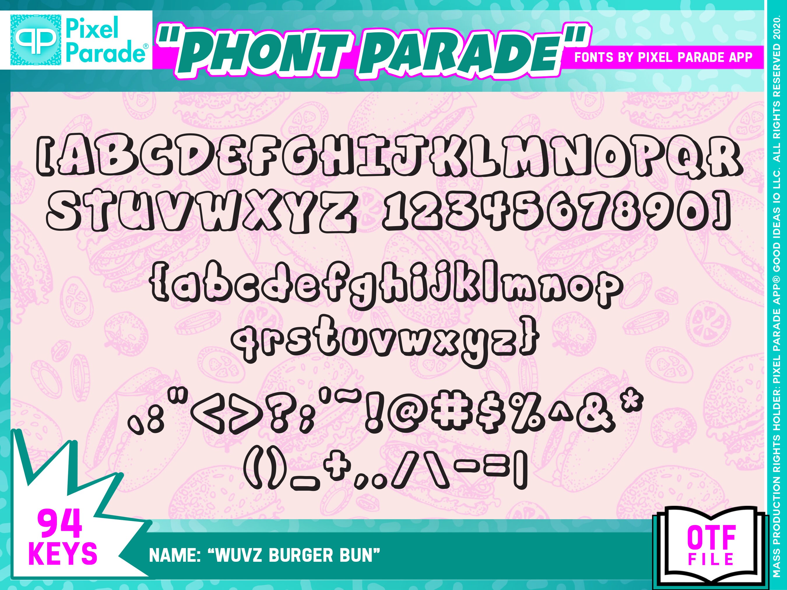 Retro Font, Bubble Letters wuvs Burger Bun Alphabet, Numbers, 94 Keys ...