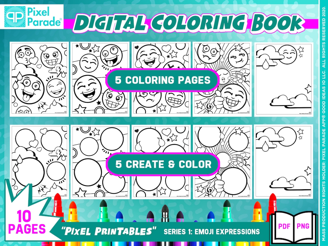 10 Coloring Pages for Kids, Emoji, POP Art, Themed DIY Coloring, Color ...