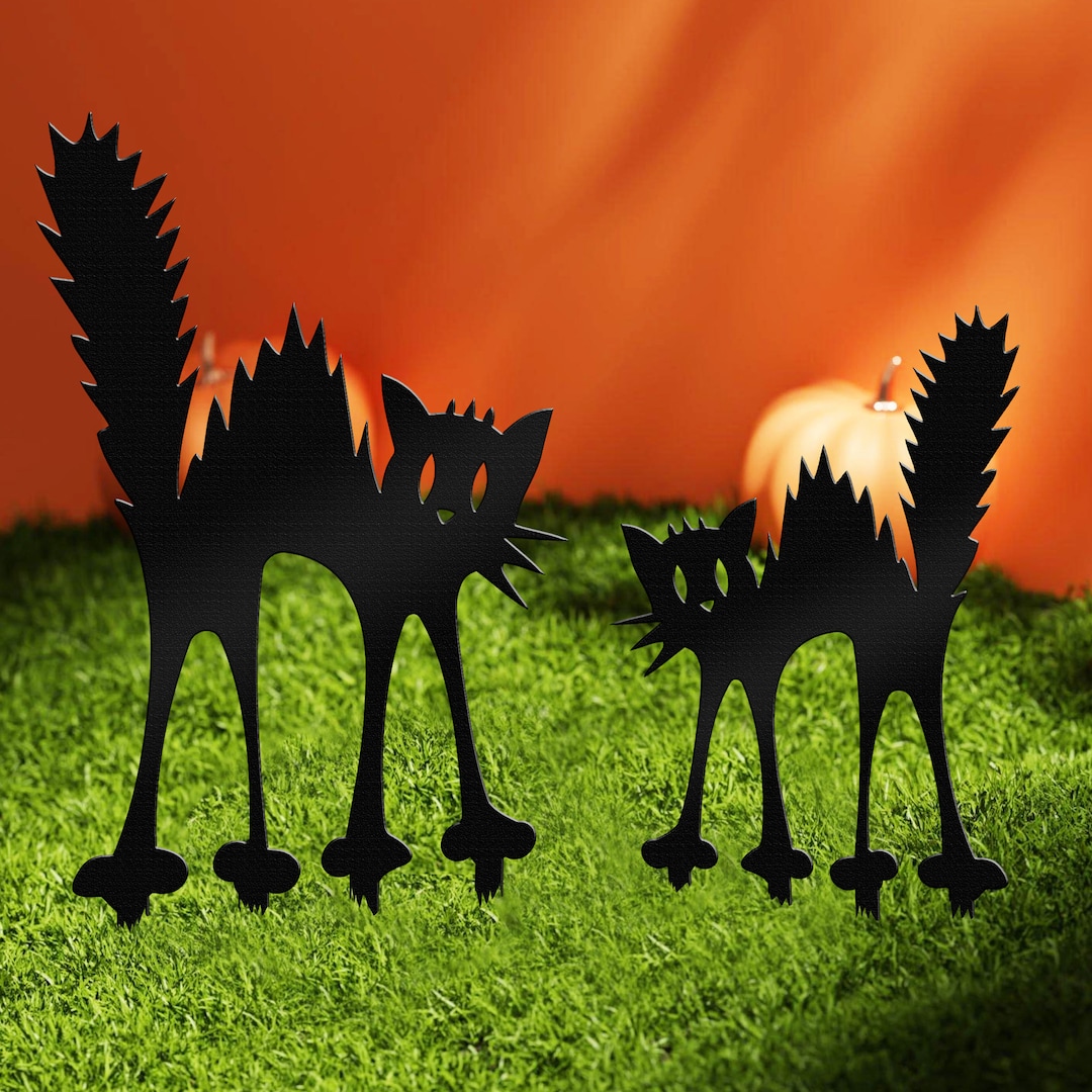 Set of 2 Scary Black Cat Yard Signs With Stakes Spooky Garden Cat Decor ...