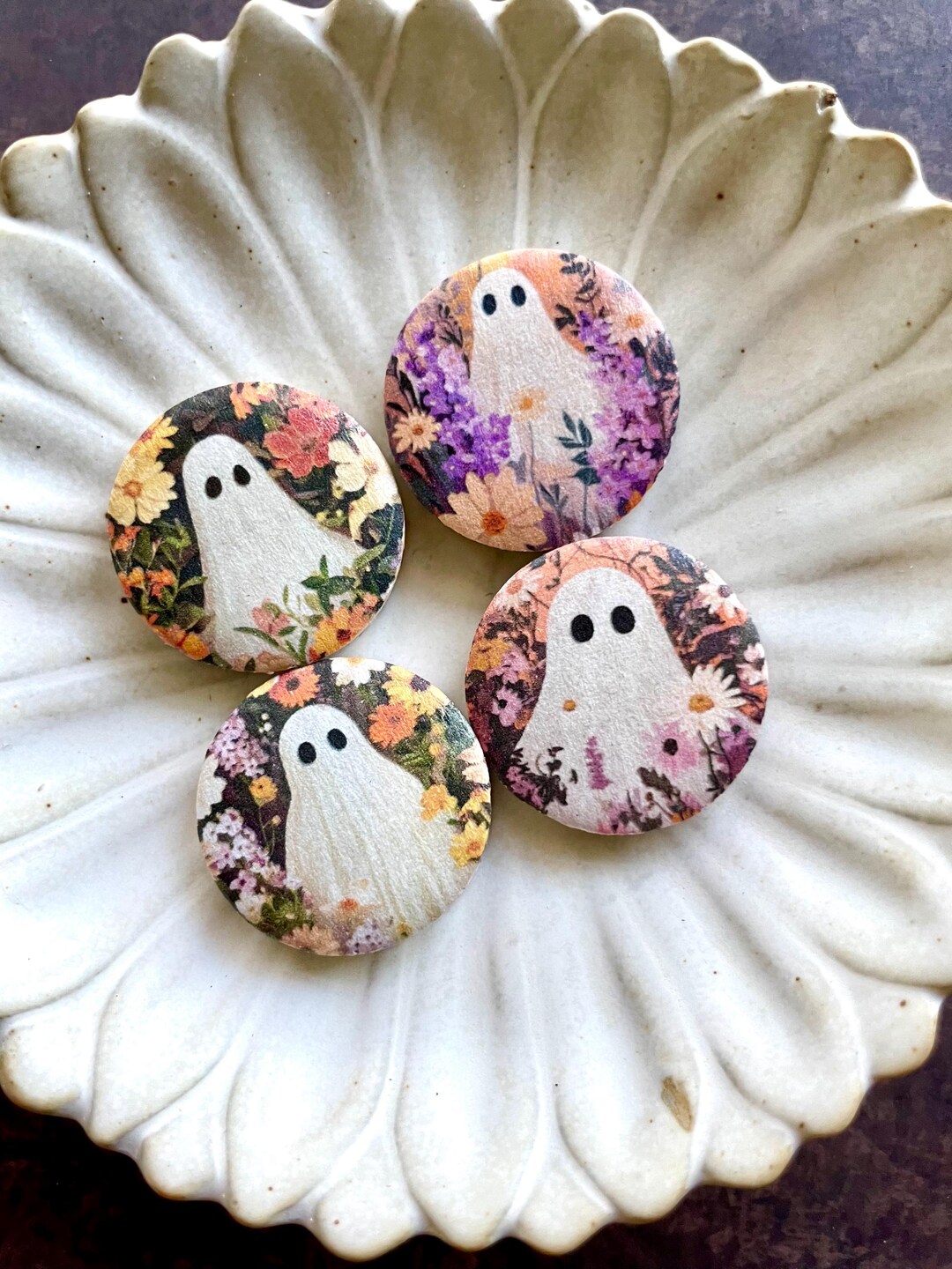 BOO Decoupage Halloween Bead: Ghost & Flower 1-inch Wooden Disc Focal ...