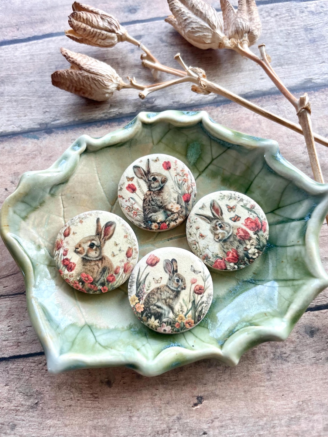 Hoppy/price per Bead/unique Decoupaged Art Focal Bead With Rabbits/1 ...