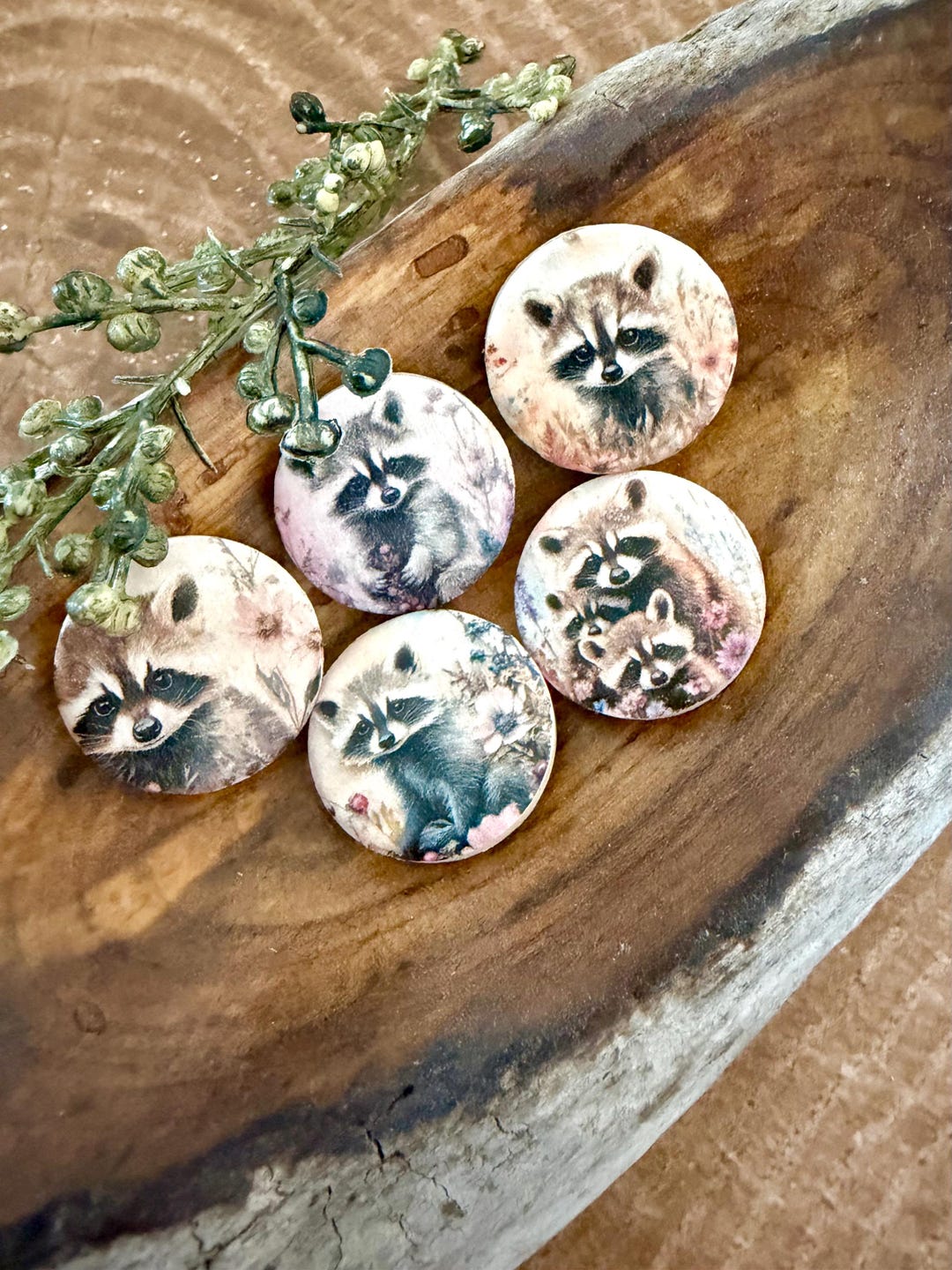 RACCOONS Decoupaged Woodland Creature Bead: Whimsical 1-inch Wooden ...