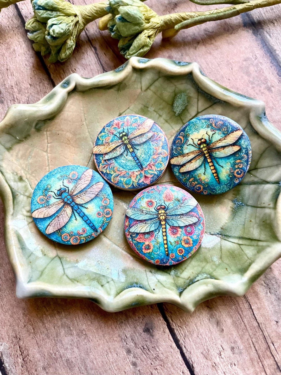 DRAGONFLIES Decoupage Bead: Colorful Dragonfly Art Focal, 1-inch Wooden ...