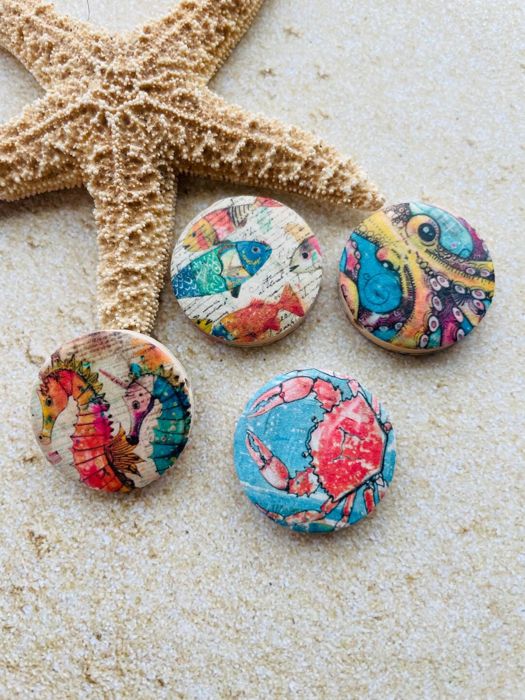 WHIMSICAL OCEAN Decoupage Bead: 1-inch Flat Wooden Disc Focal Beads - Etsy