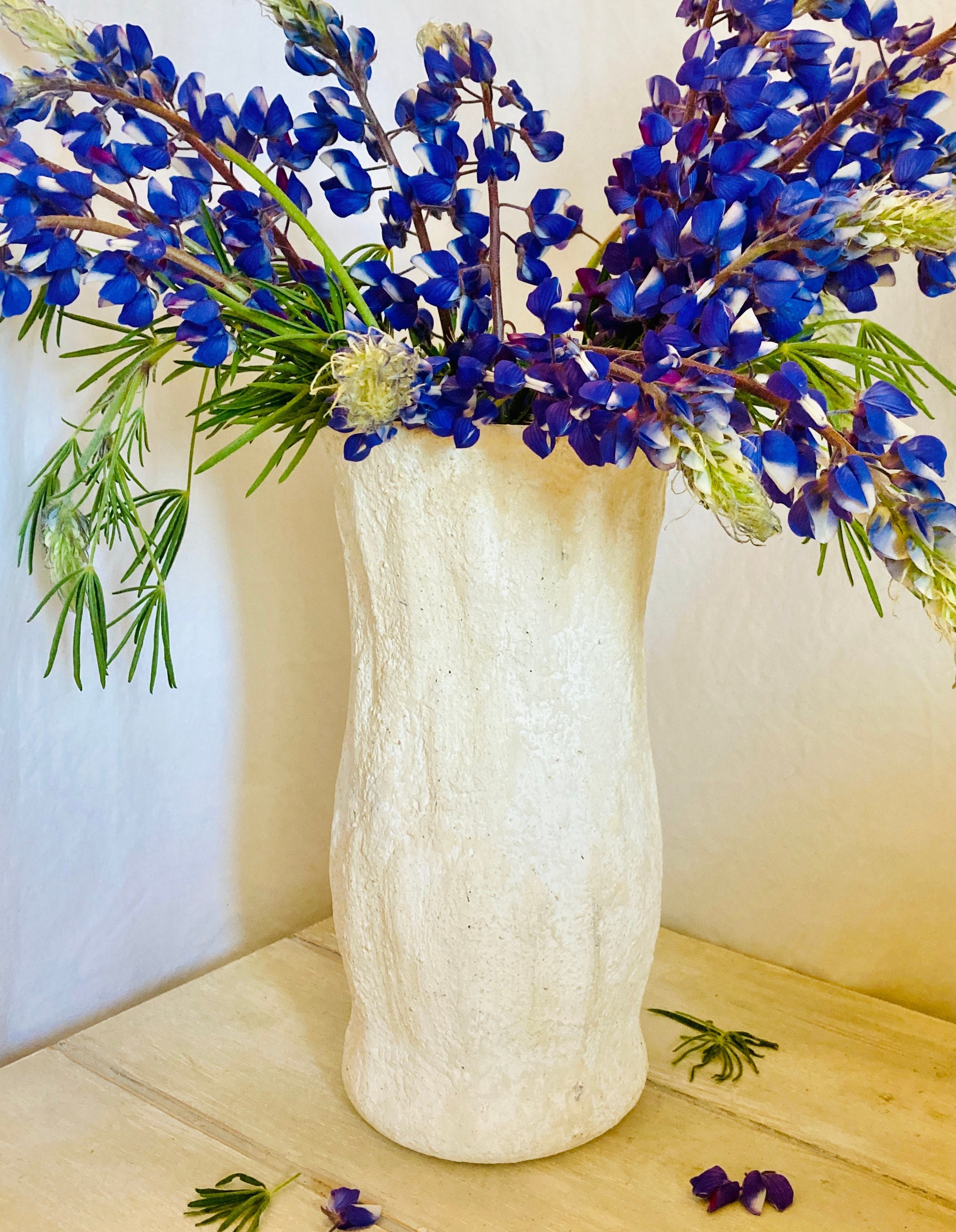 White Faux Stone Cylindrical Farmhouse Vase / Neutral Medium Sized ...