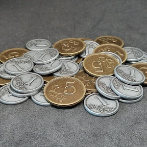 Set of Silver and Gold Metal Coins of Value 1 and 5 for Board Games or ...