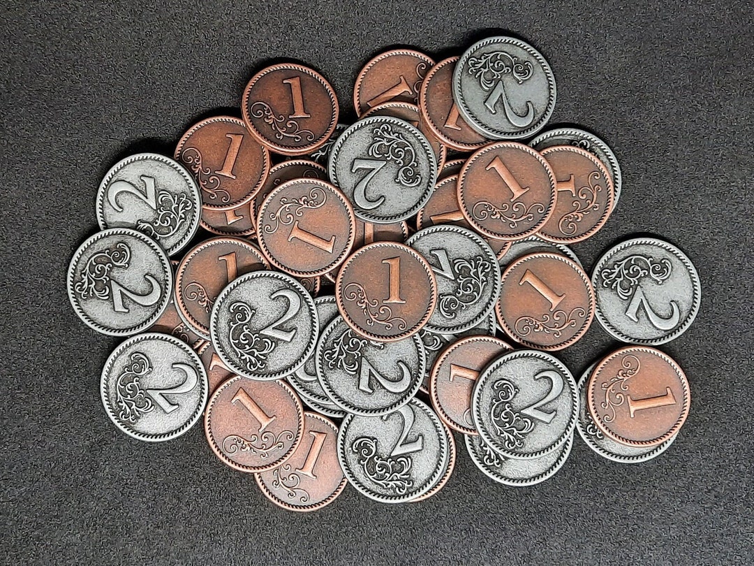 Set of Bronze and Silver Metal Coins of Value 1 and 2 for Board Games ...
