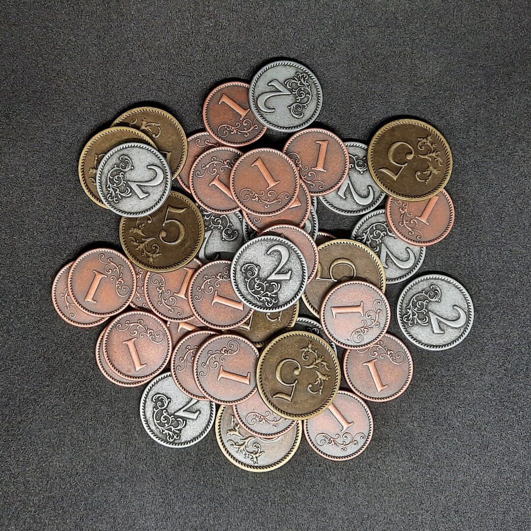 Set of Bronze, Silver and Gold Metal Coins of Value 1, 2, 5 for Board ...