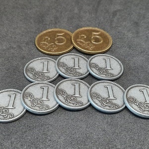 Set of Silver and Gold Metal Coins of Value 1 and 5 for Board Games or ...