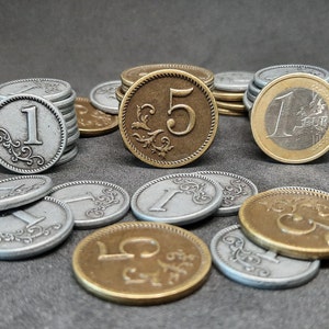 Set of Silver and Gold Metal Coins of Value 1 and 5 for Board Games or ...
