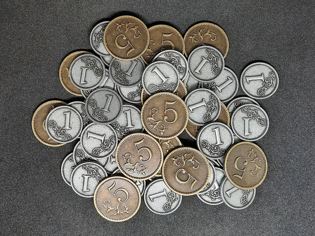 Set of Silver and Gold Metal Coins of Value 1 and 5 for Board Games or ...