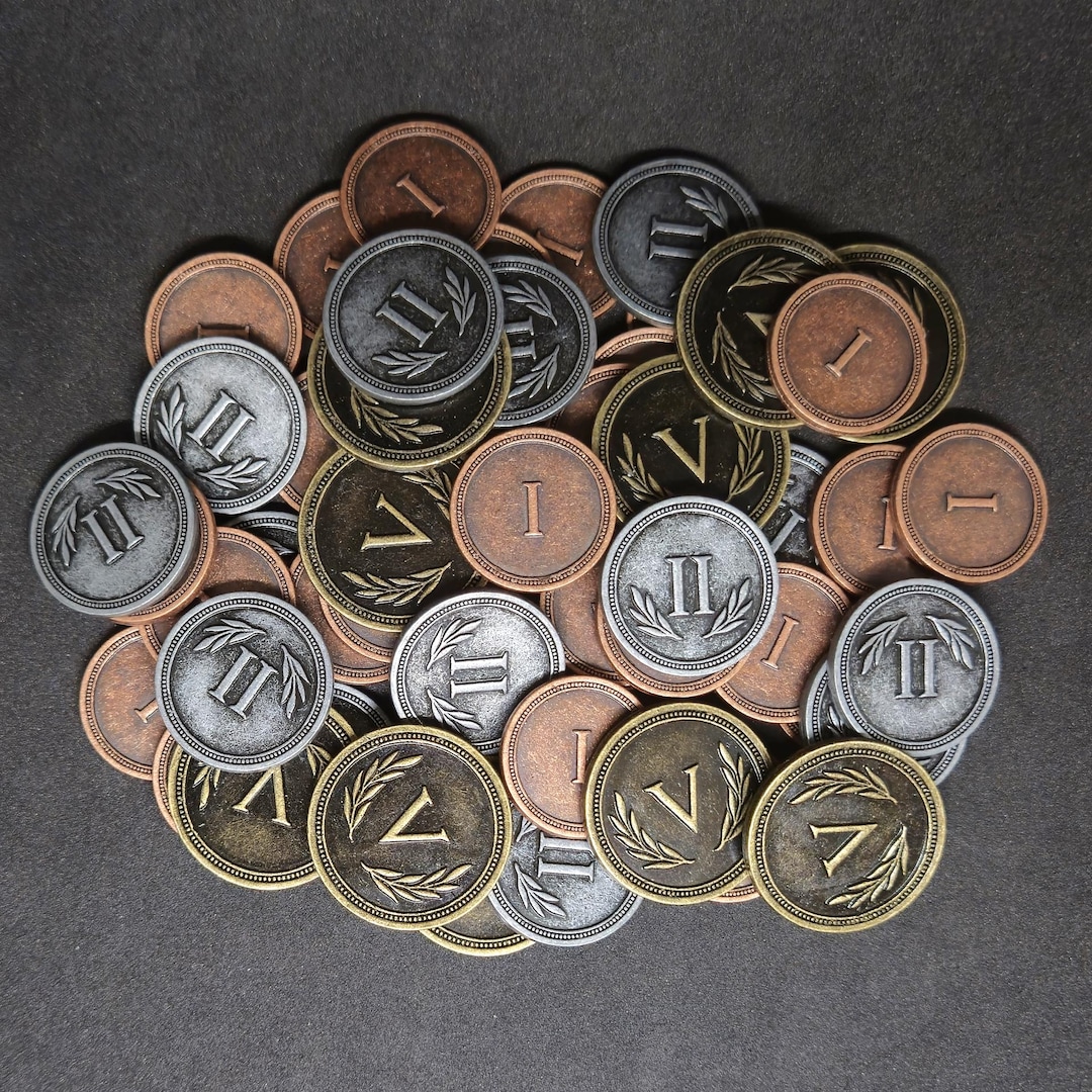 Set of Bronze, Silver and Gold Metal Coins of Value 1, 2, 5 for Board ...