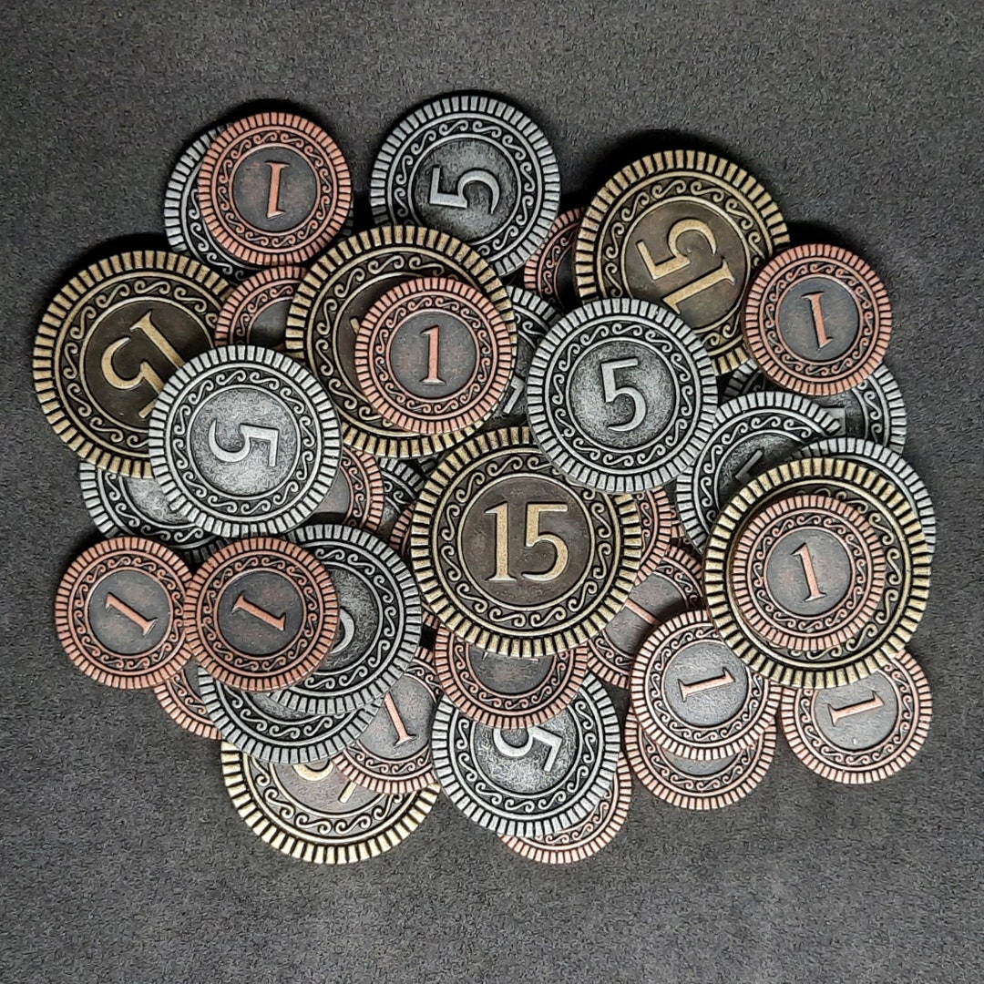 Set of Bronze, Silver and Gold Metal Coins of Value 1, 5, 15 for Board ...
