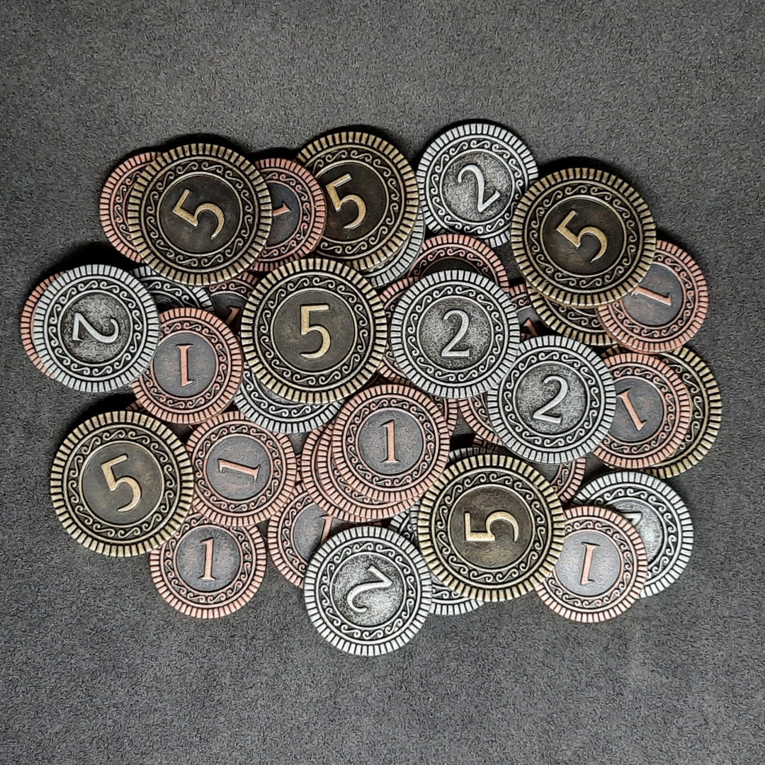 Set of Bronze, Silver and Gold Metal Coins of Value 1, 2, 5 for Board ...