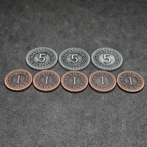 Set of Bronze and Silver Metal Coins of Value 1 and 5 for Board Games ...