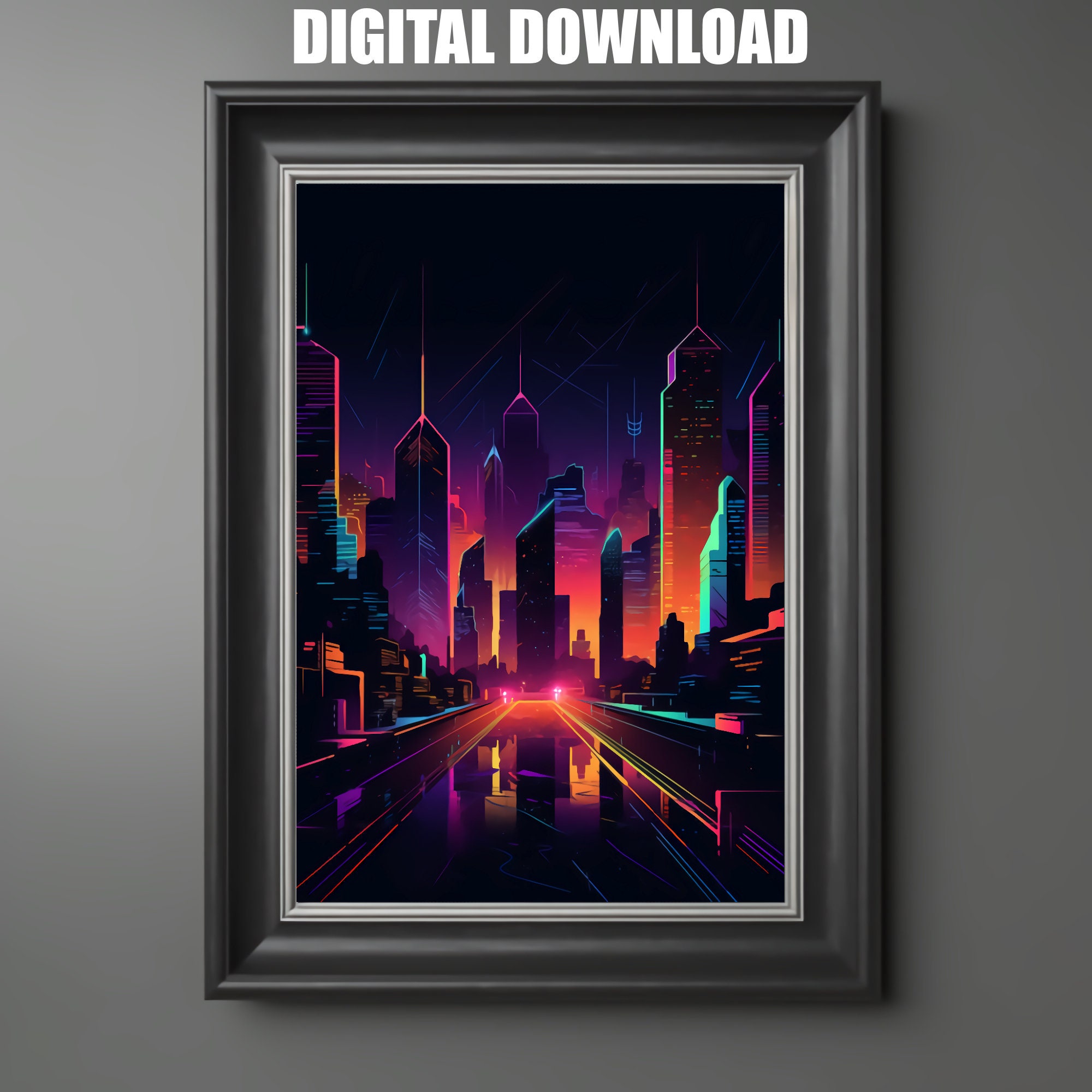 Neon Wall Art, Downloadable Wall Art, Neon Cityscape Illustration ...