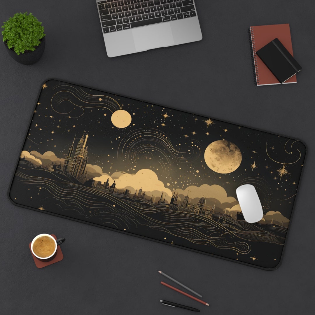 Black and Gold Starry Night Celestial Desk Mat, Large Gaming Mouse Pad ...