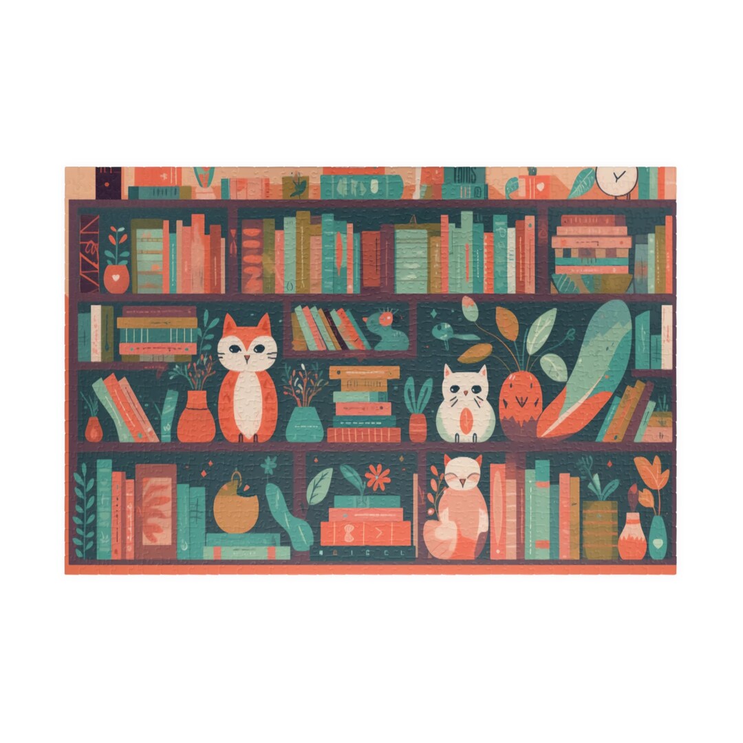 500 or 1000 Piece Cute Colorful Library Bookcase Illustration Fun ...