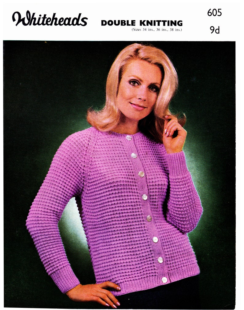 Ladies 1960s Vintage Knitting Pattern Double Knit Cardigan With Round ...