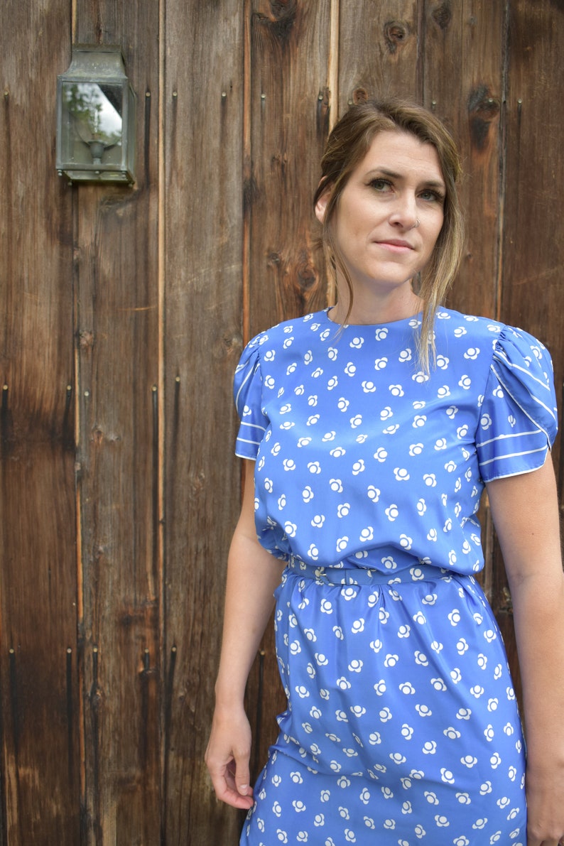 Vintage 1980s Blue and White Geometric Print Dress - Etsy