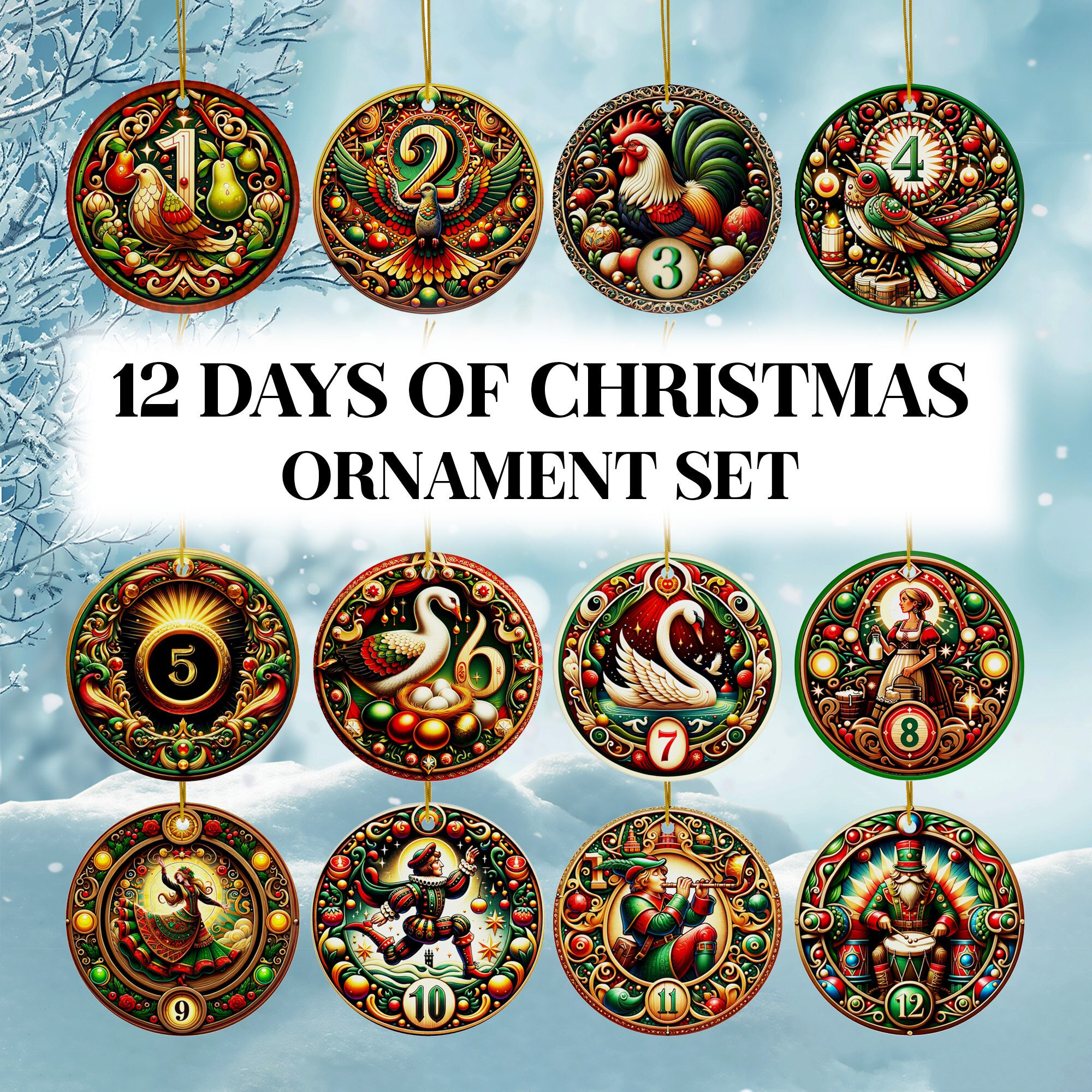 12 Days of Christmas Ornament Set, 12 Days of Christmas Folklore ...