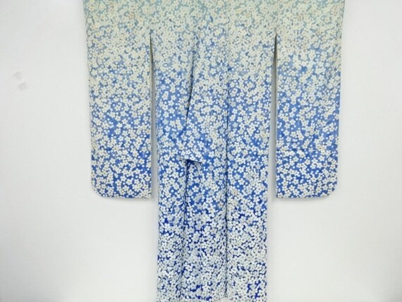 Komon Floral Silk Furisode Japanese Kimono Blue White… - Gem
