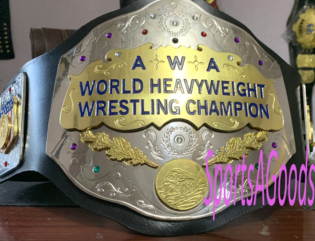 AWA World Heavyweight Wrestling Championship Belt 4mm Brass Dual Gold ...