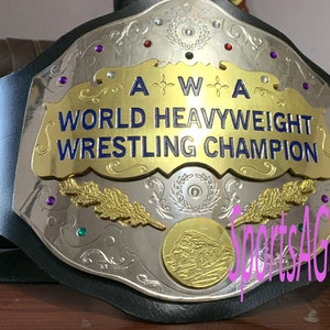 AWA World Heavyweight Wrestling Championship Belt 4mm Brass Dual Gold ...