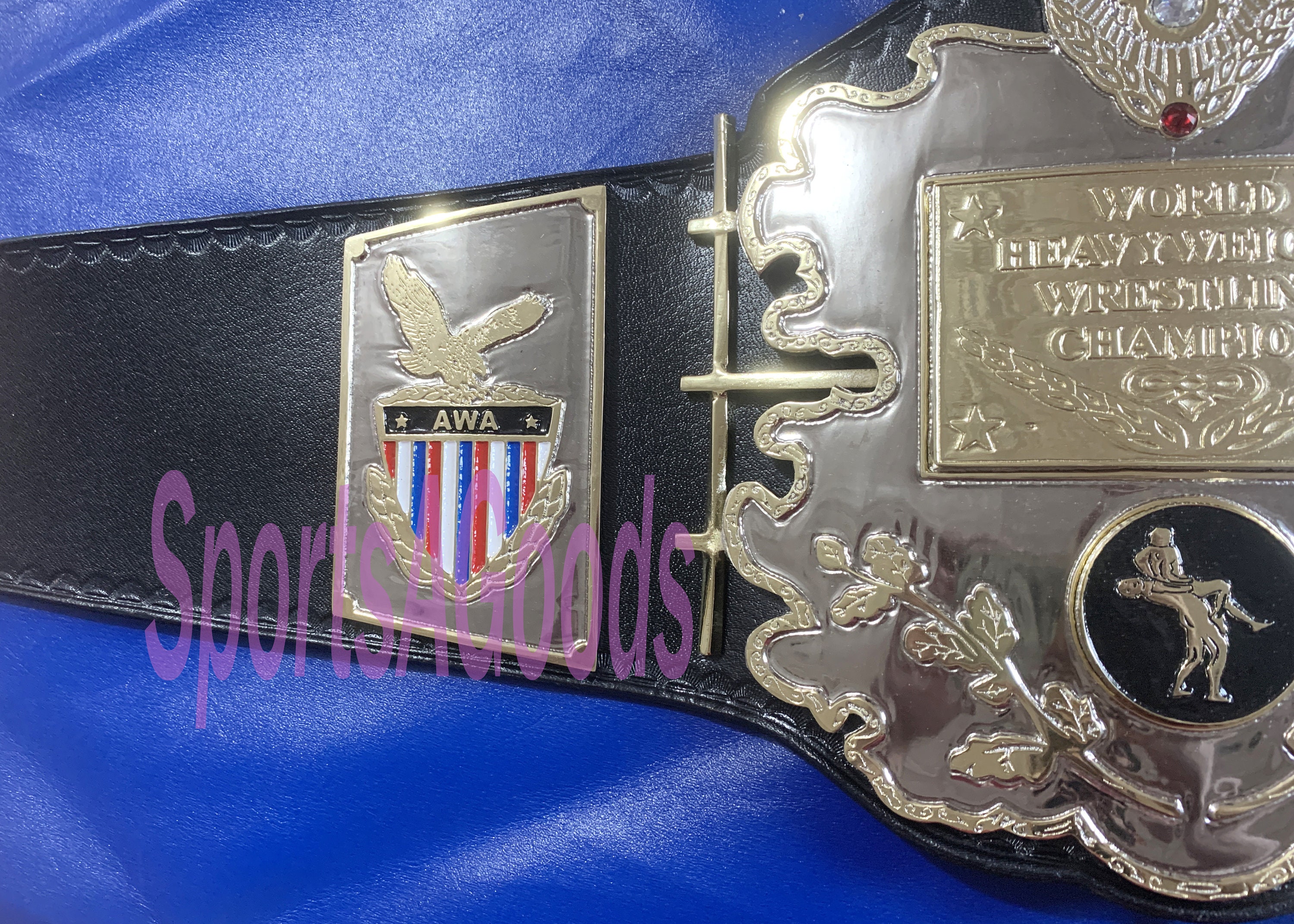 AWA World Heavyweight Wrestling Championship Belt 4mm Zinc Dual Gold ...