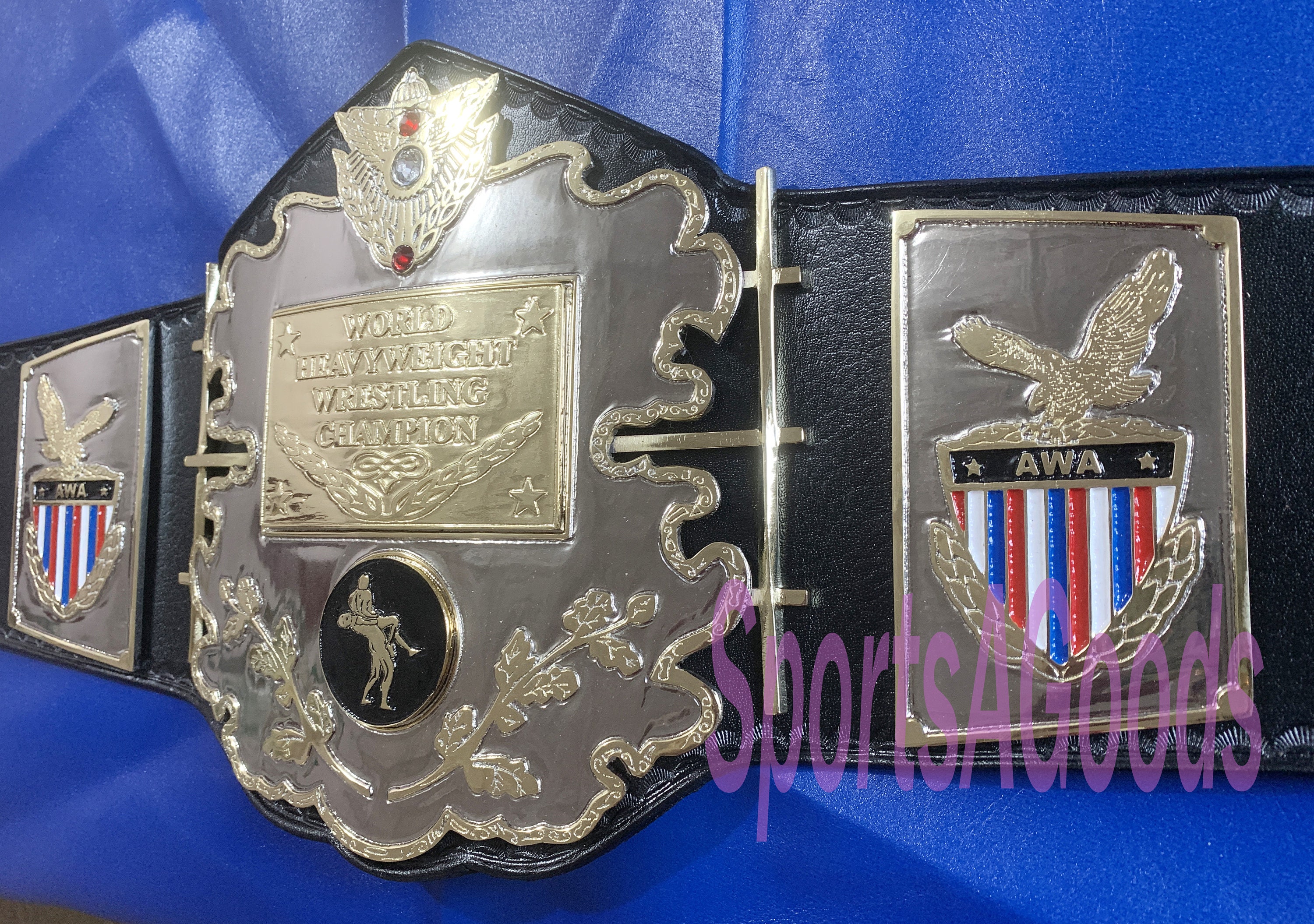 AWA World Heavyweight Wrestling Championship Belt 4mm Zinc Dual Gold ...