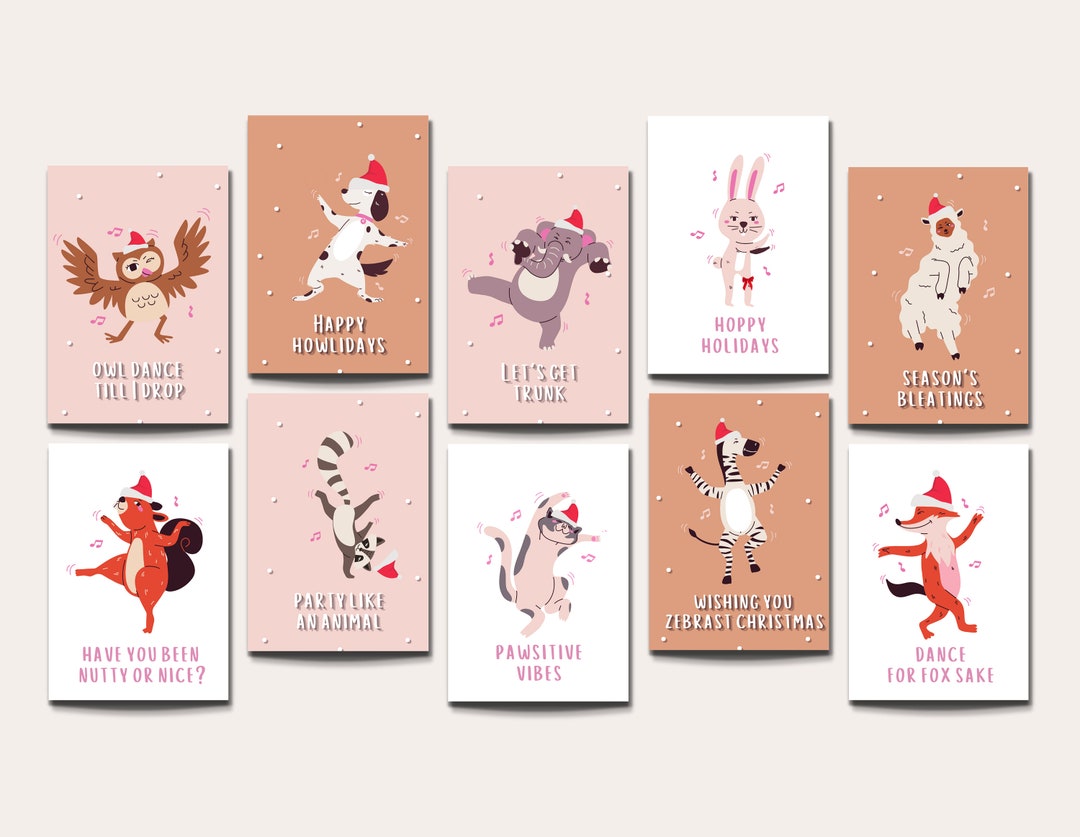 Set of 10 Printable Animal Christmas Cards Pink White - Etsy
