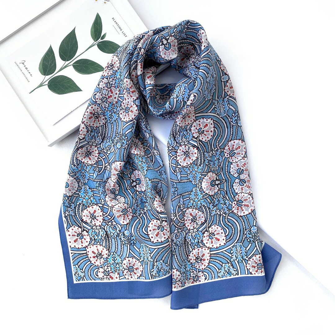 Floral Print 100% Mulberry Silk Scarf, Women's Long Silk Scarf, Silk ...