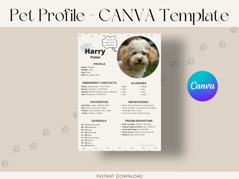 Pet Profile CANVA Template Printable | Instant Digital Download | Pet ...
