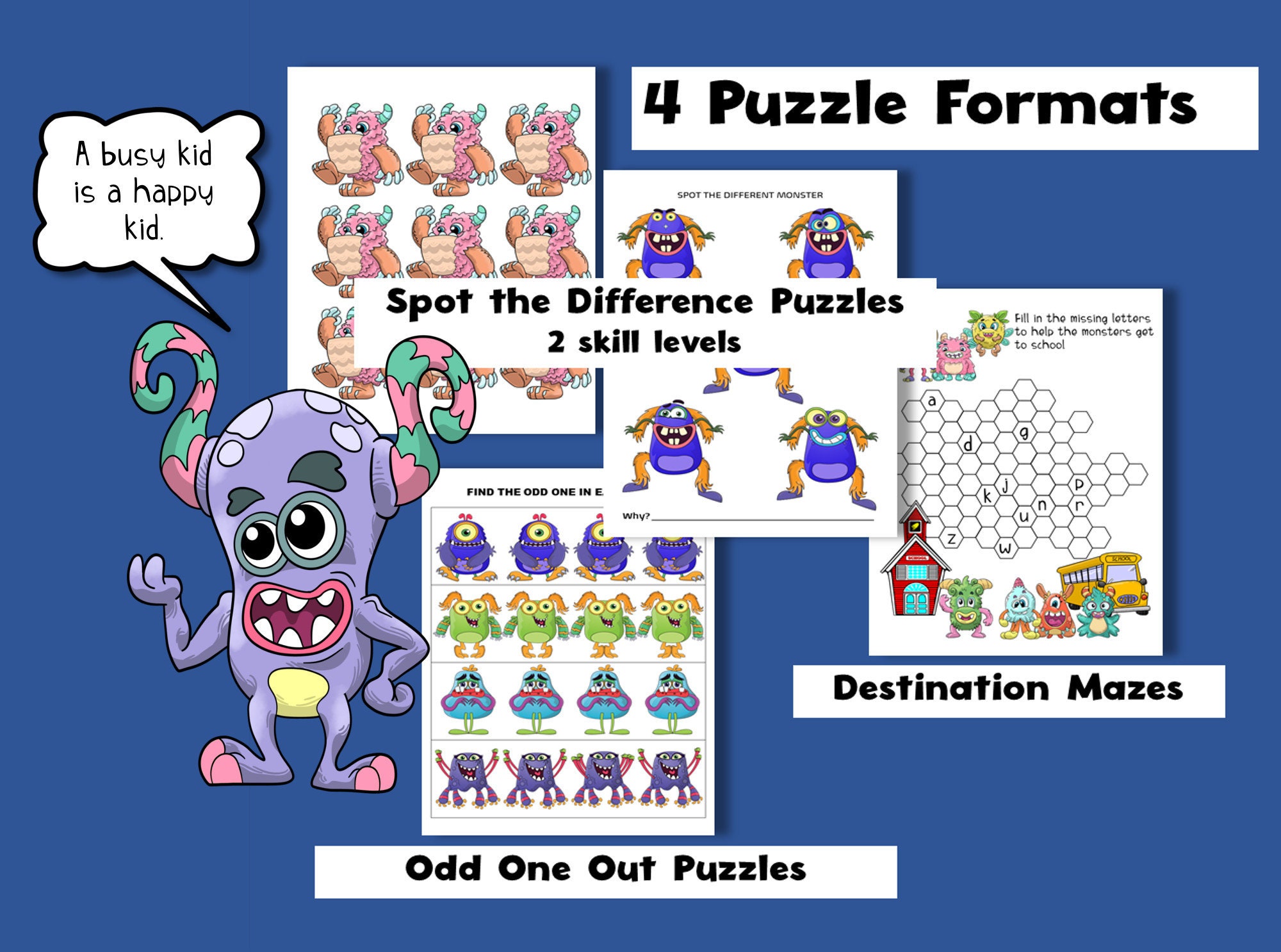Monster Puzzles for Kids, Odd One Out, Spot the Difference, Printable ...