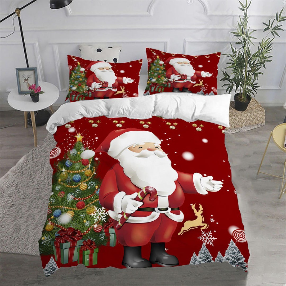 Santa Claus and Christmas Tree Bedding & Pillowcase Holiday Gift Duvet ...