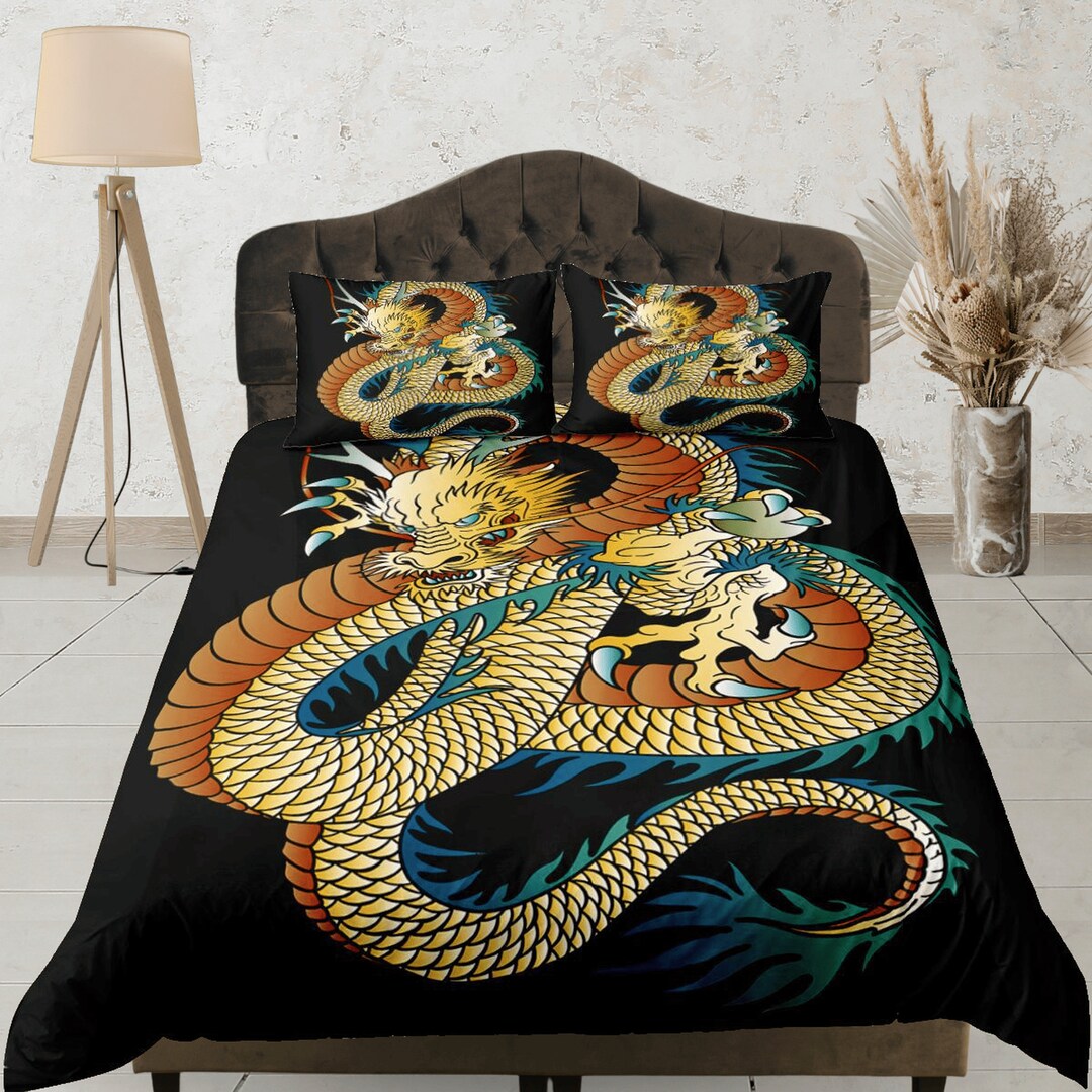 Dragon Cotton Duvet Cover Mythical Creature Bedding Set, Retro Quilt ...