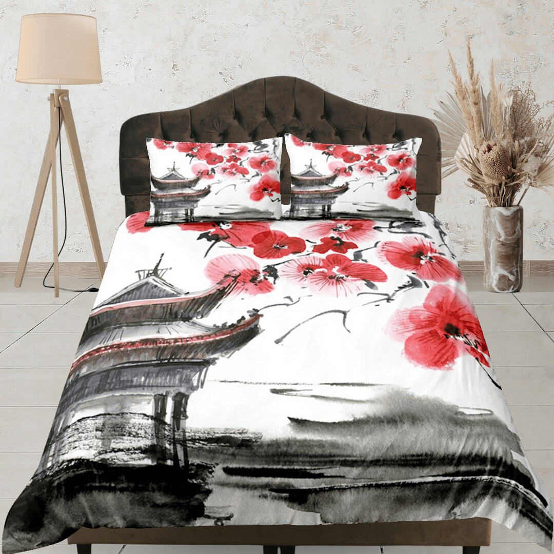 Japanese Pagoda Quilt Cover Cotton Duvet Cover, Cherry Blossom Bedding ...