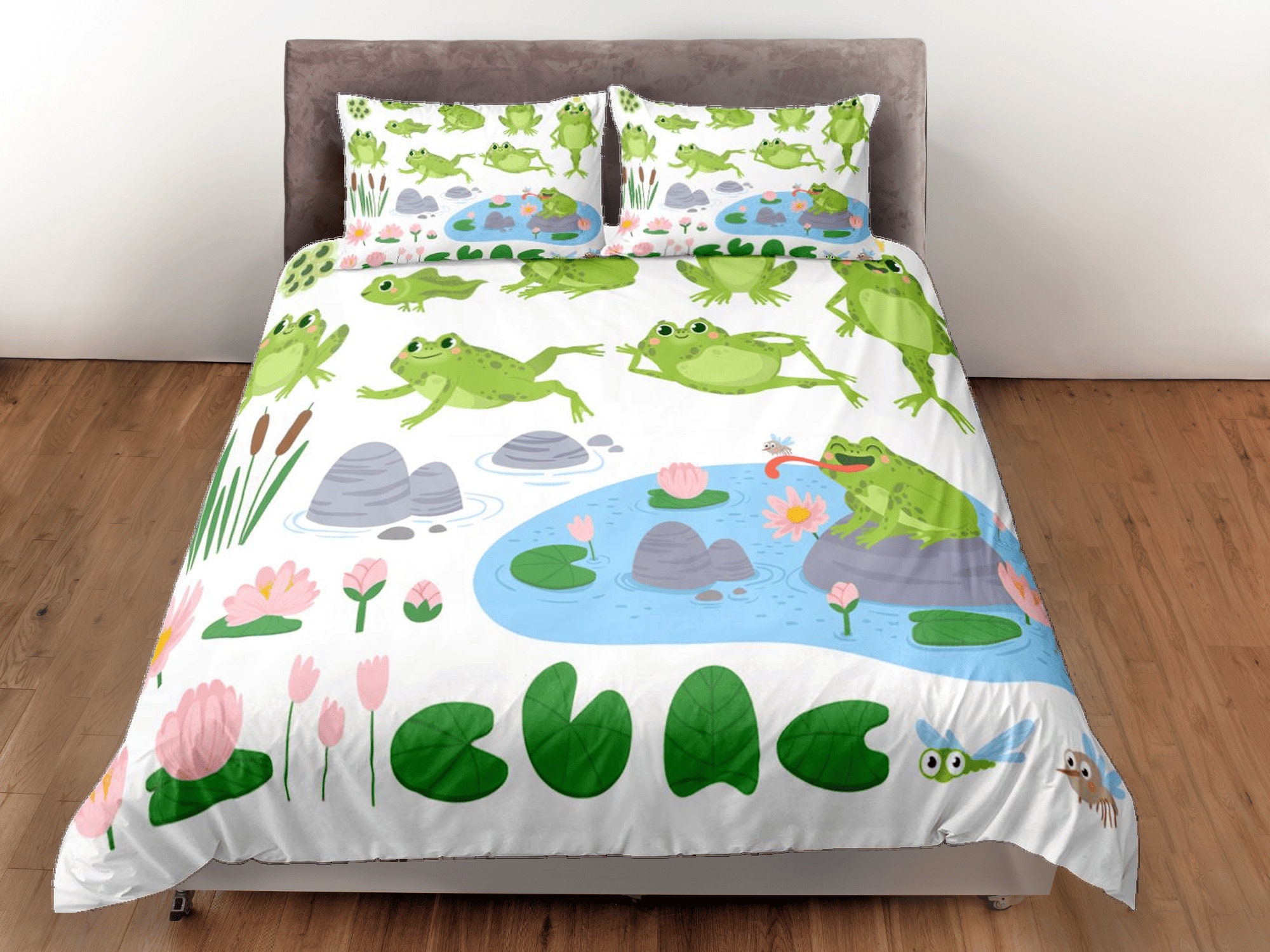Frogs Cotton Duvet Cover Toads Quilt Cover, Pond Bedding Set Lotus ...
