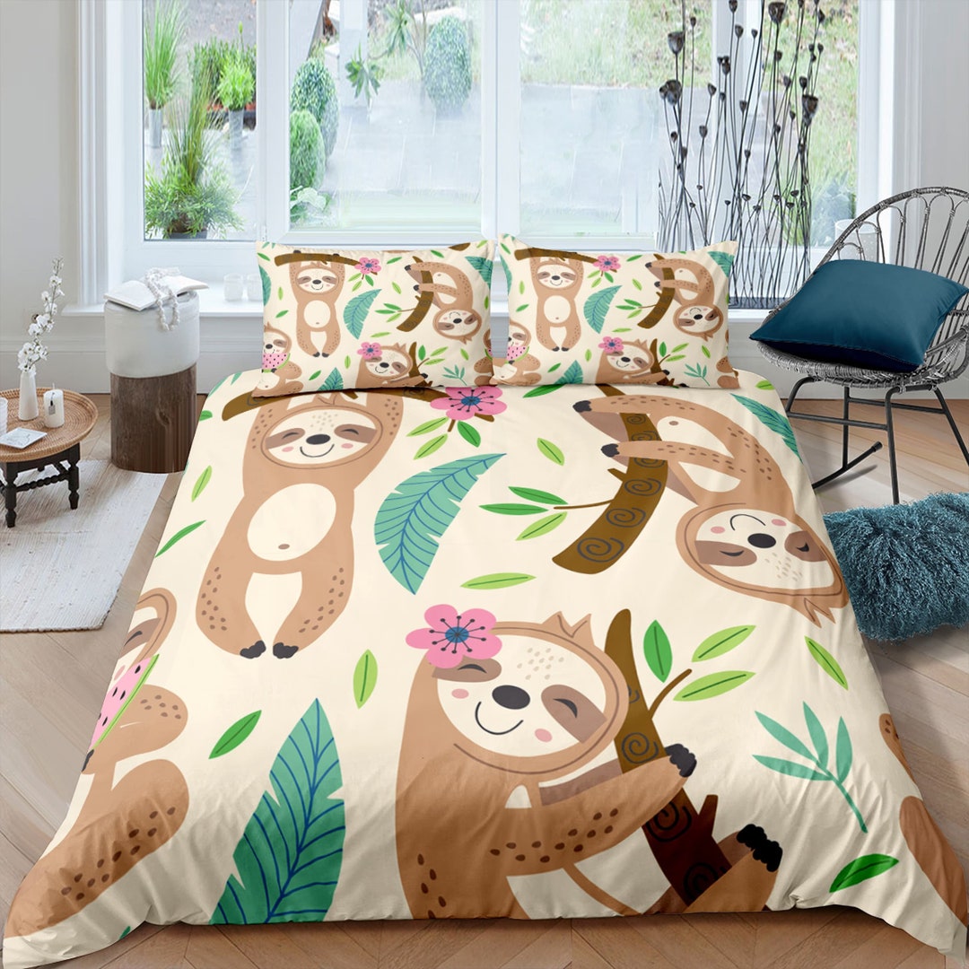 Happy Sloth Beige Duvet Cover Set Colorful Bedspread Kids Full Bedding ...
