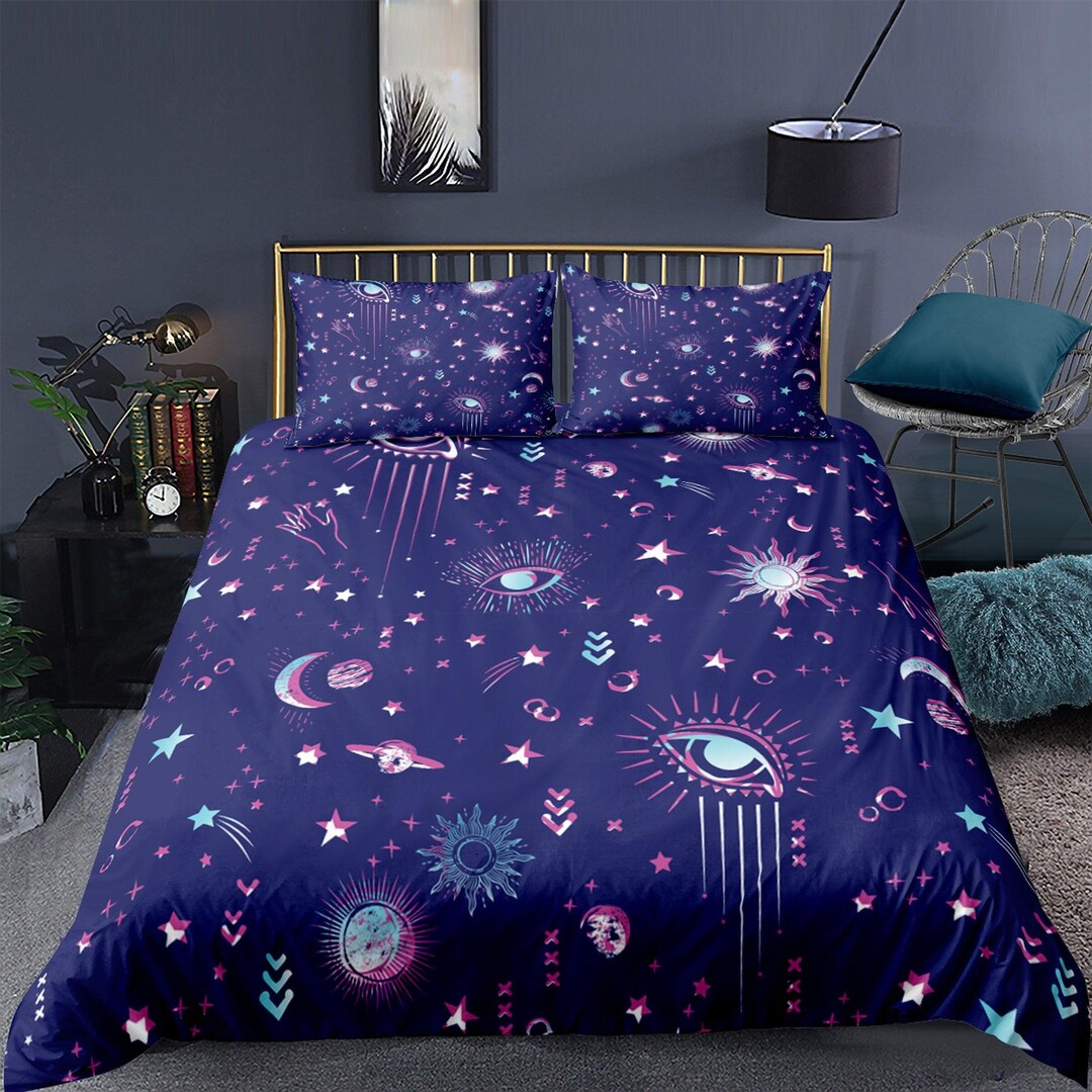 Moon Stars Galaxy Purple Duvet Cover Set Bedspread Dorm - Etsy