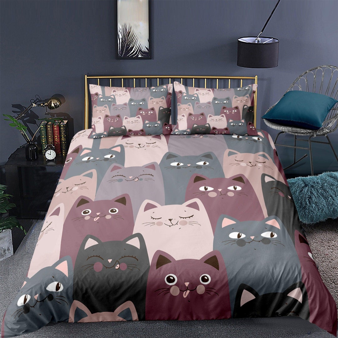 Grey and Violet Cat Bedding Cute Duvet Cover Set Kids Bedding - Etsy