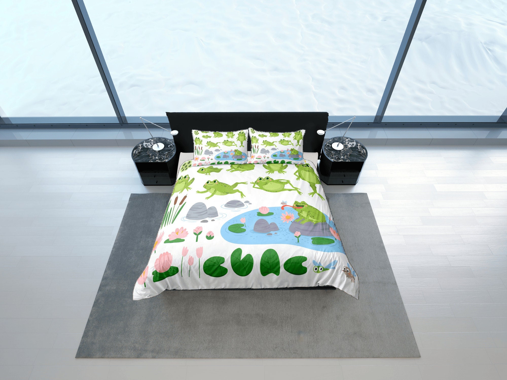 Frogs Cotton Duvet Cover Toads Quilt Cover, Pond Bedding Set Lotus ...
