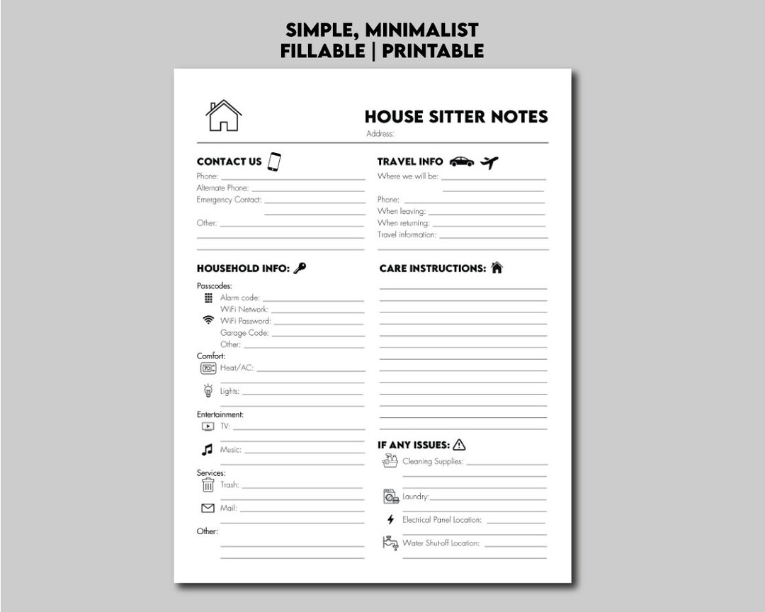 House Sitter Instructions | Fill in Template | Printable - Etsy