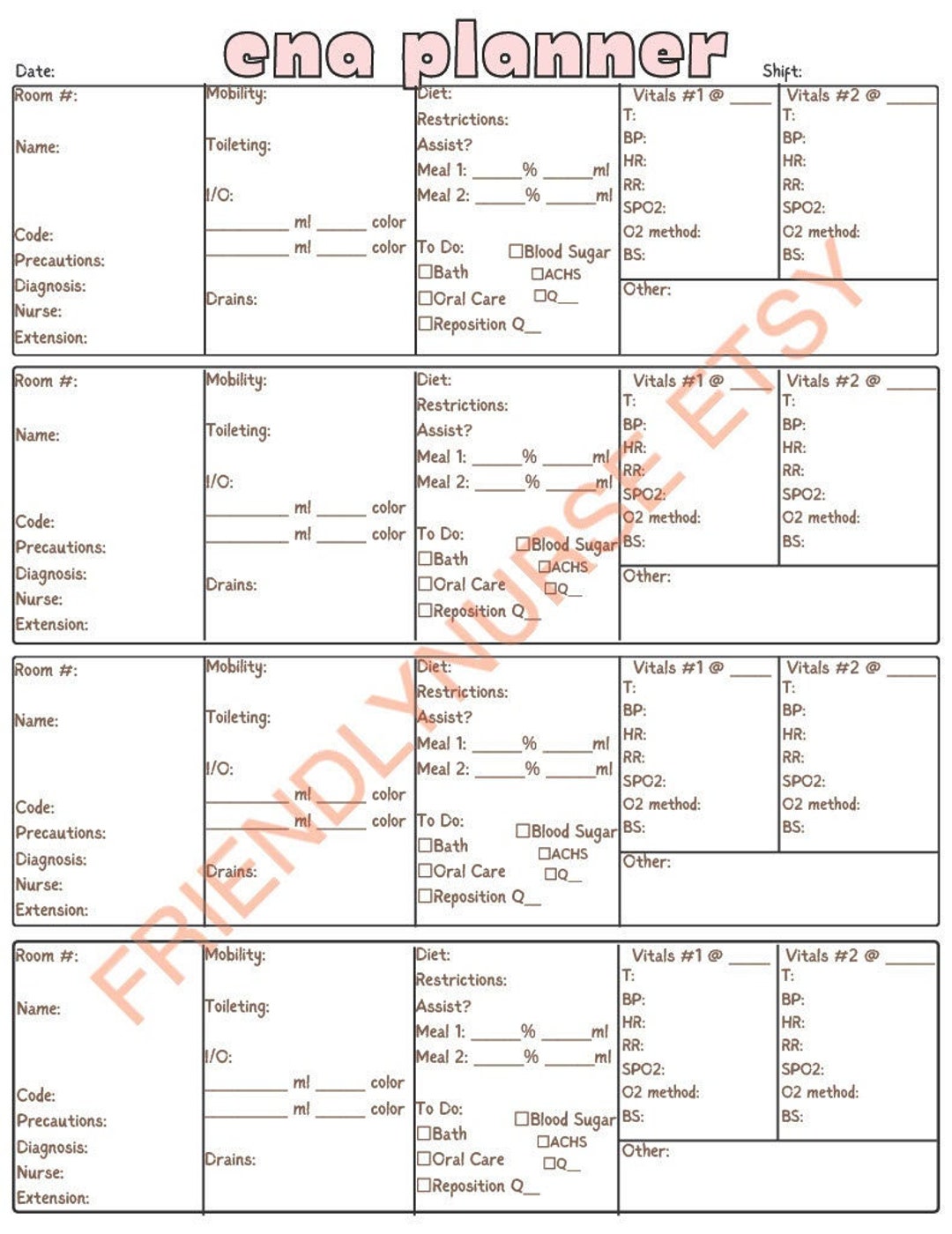 CNA Shift Report Sheet | Certified Nursing Assistant Brain Sheet for 4 ...
